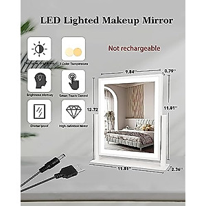GANAIHQGROWING Classic Vanity Mirror with Lights,13 in Tabletop Lighted Makeup Mirror LED Lights for Over Sink, Smart Touch Control, Stepless Dimmable 3 Colors Lighting Modes