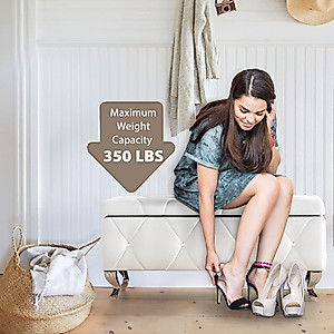 LUE BONA Storage Ottoman Bench, 38'' Upholstered White Faux Leather Ottoman with Crystal Tufted Button, Flip Top Foot Rest, End of Bed Bench Seat for Bedroom, Living Room, Vanity, 350LBS