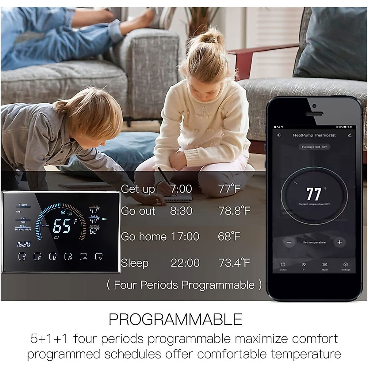 Creawonlas WiFi Thermostat for Home Heat Pump Suitable for Air and Ground Energy Heat Pumps, Programming Thermostat Voice Control Compatible with Alexa Google Home, C-Wire Adapter Included