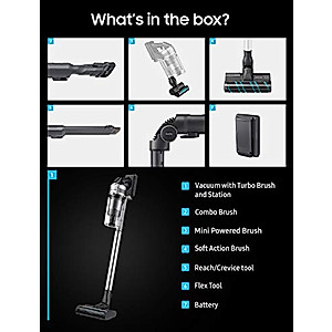 Samsung Jet 90 Cordless Stick Vacuum Long Lasting Battery and 200 Air Watt Suction Power, Complete with Telescopic Pipe, Titan Silver