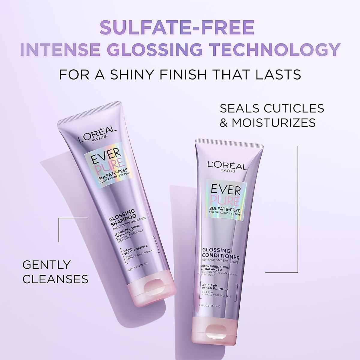 L'Oreal Paris Sulfate Free Glossing Conditioner, Intensifies Hair Shine & Smoothness, pH Balanced & Argan Oil Infused Vegan Hair Care, EverPure, 8.5 Fl Oz