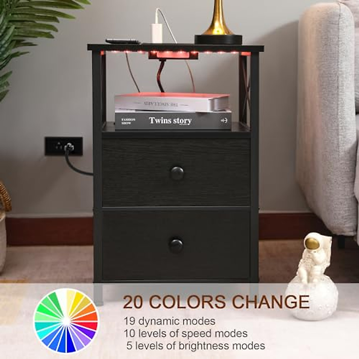 AMHANCIBLE LED Night Stand Set 2, Night Stands for bedrooms Set of 2 with Charging Station, Side Table with USB C Port and Outlet HET052LBK