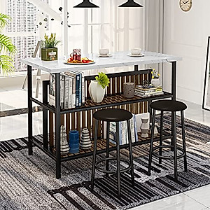 AWQM 3 Piece Bar Table Set,Kitchen Island Table with Storage and Seating Counter Bar Table Table and Chairs Set with Shelves,Faux Marble Dining Table Set for 2,Kitchen Table Set for Small Space,White