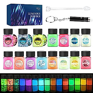 Glow in The Dark Pigment Powder 15 Jar -12 Color Glow Pigment and 3 Color Luminous Flake with UV Lamp - Epoxy Resin Luminous Powder for Slime Kit,Skin, Nail Safe Long Lasting Self Glowing Dye for DIY…