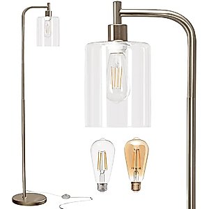 addlon LED Floor Lamp, with Hanging Glass Lamp Shade and 2 Distinctive LED Bulbs for Bedroom and Living Room, Modern Standing Industrial Lamp Tall Pole Lamp for Office, Bronze
