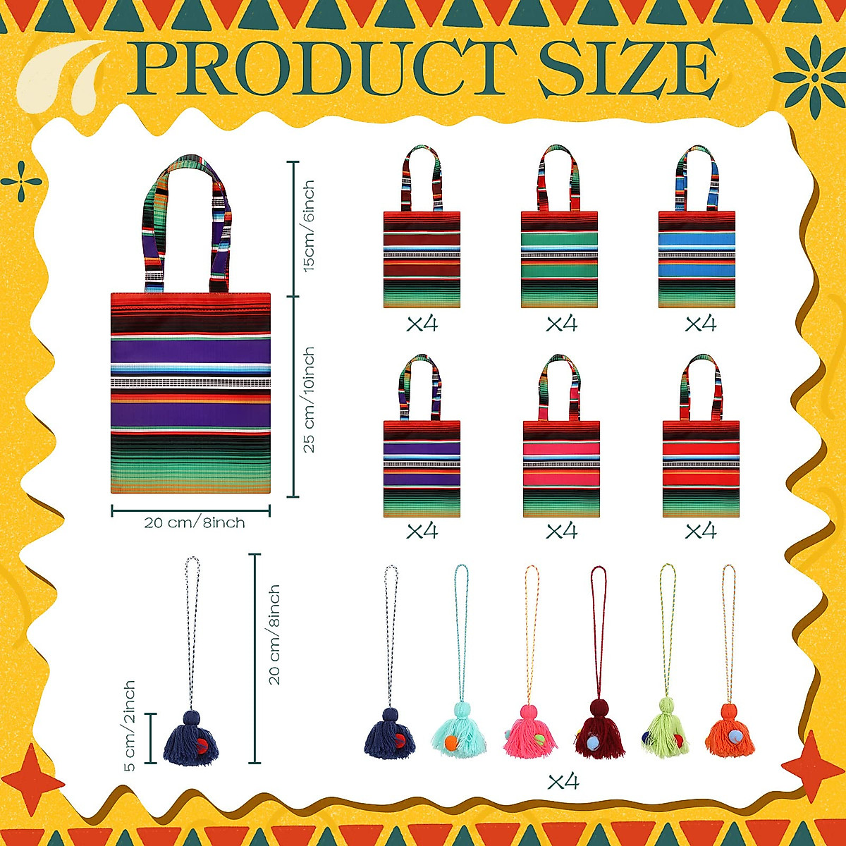 LEIFIDE 24 Pcs Mini Mexican Tote Favor Bags 10 x 8'' Mexican Bags Fiesta Mexican Candy Bags Assorted Color Gift Bags Bolsas Para Fiestas with Tassel for Mexican Cinco De Mayo Party Decoration Supplies