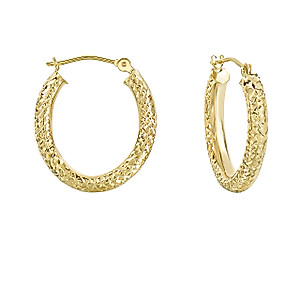 14k Yellow Gold X-pattern Diamond-cut Oval Hoop Earrings