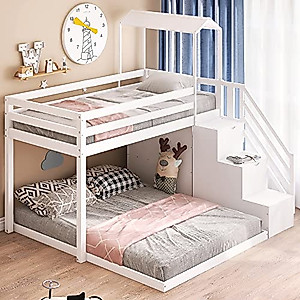 DEYOBED Twin Over Full House Shaped Wooden Bunk Bed with Detachable Loft Bed, Trundle, Storage Staircase, and Shelves - Versatile Sleep and Storage Solution for Kids, Teens, Adults | Twin-Full Size