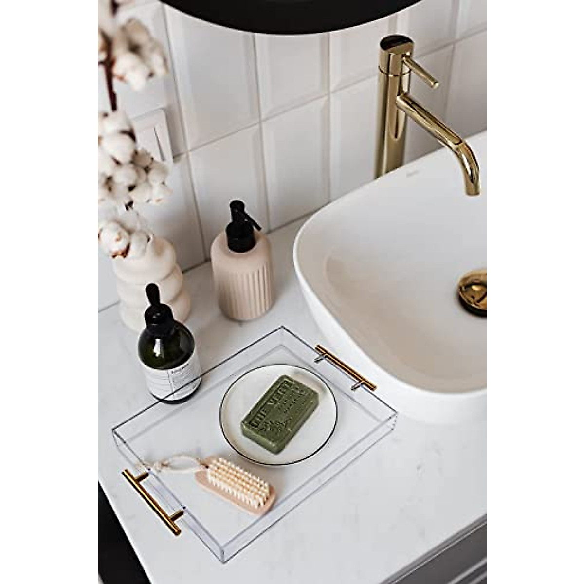 12"x16" Clear Acrylic Serving Tray with Golden Handles, Huge Capacity Sturdy Acrylic Tray for Coffee, Juice, Kitchen and Desk Organizer, Storage Tray (12"x16")