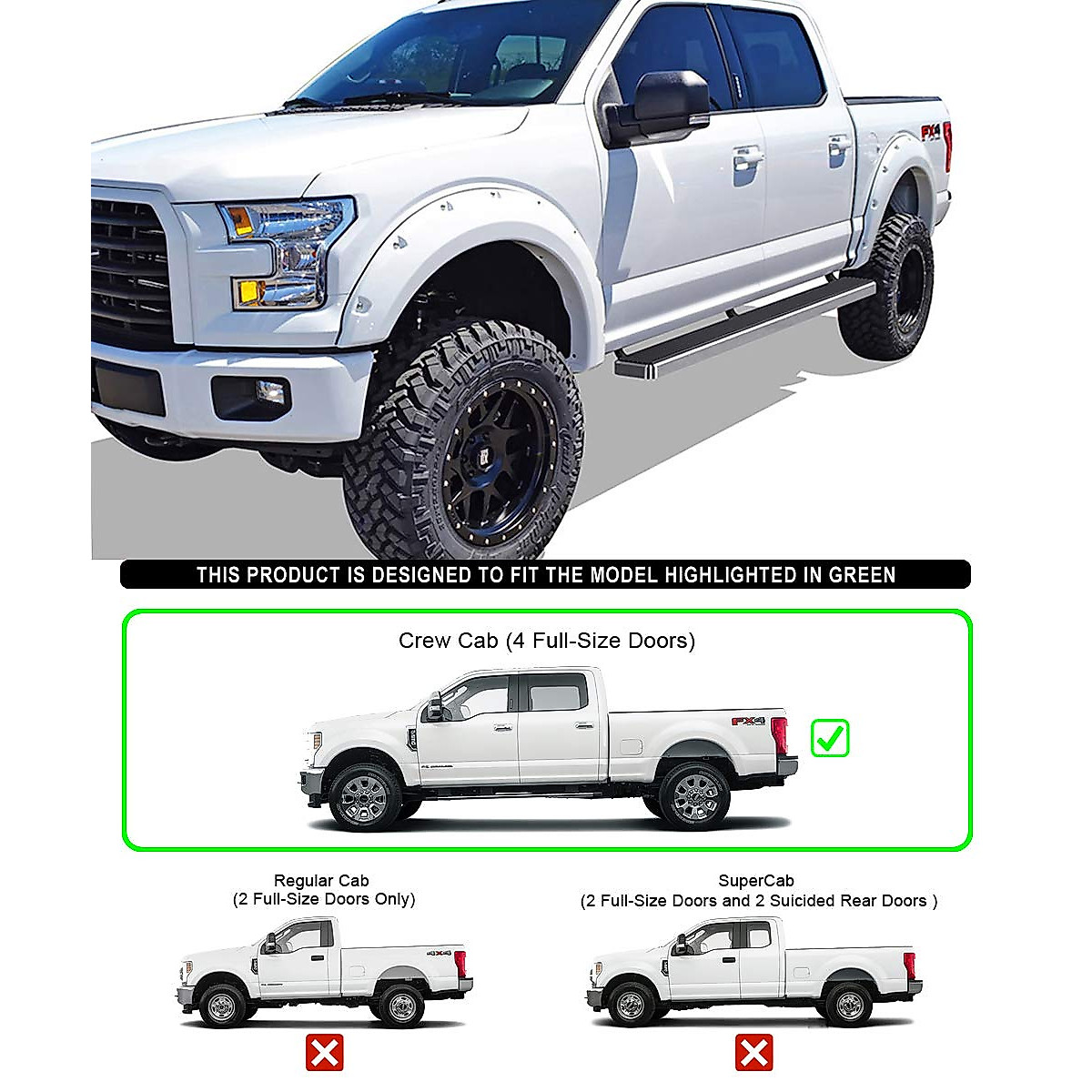 APS Running Boards 6 inches Compatible with Ford F150 2015-2024 SuperCrew Cab & F150 Lightning 2022-2024 & F-250 F-350 Super Duty 2017-2024 Crew Cab (Nerf Bars Side Steps Side Bars)