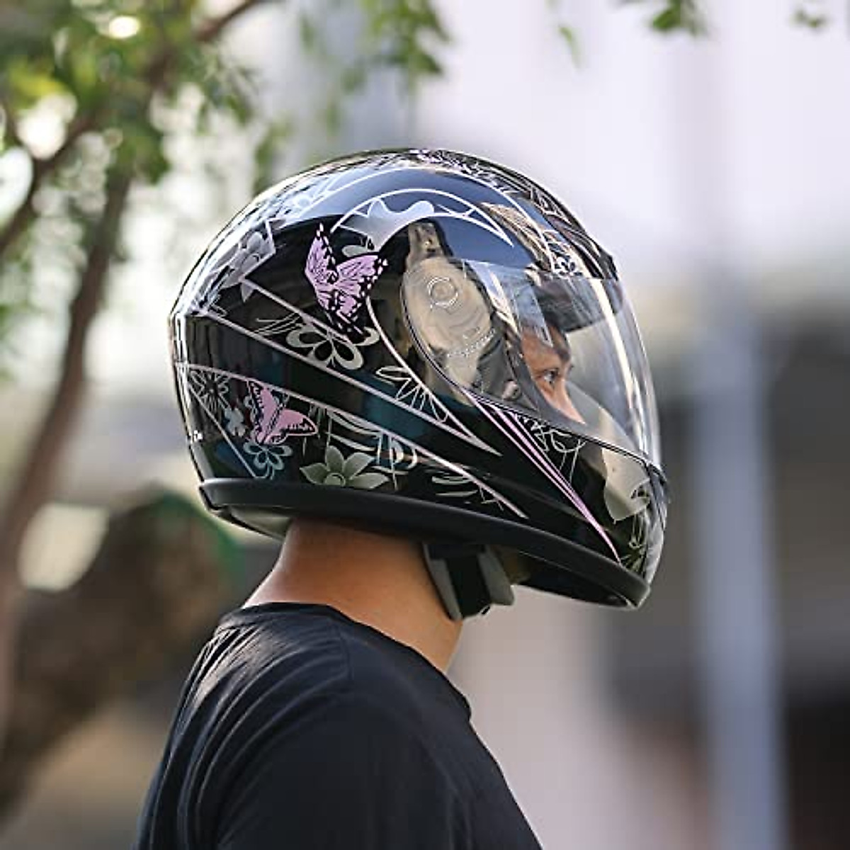 TCT-MOTORPARTS Motorcycle Motocross Flip Up Helmet Full Face DOT Helmet Pink Black Butterfly Full Face Street Sport for Women Men (Small)