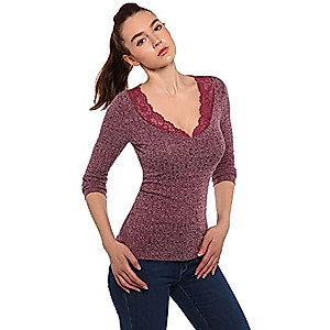 AmélieBoutik Women Lace Trim V Neck Faux Wrap Empire Waist Ribbed Long Sleeve Knit Top (Burgundy Large)