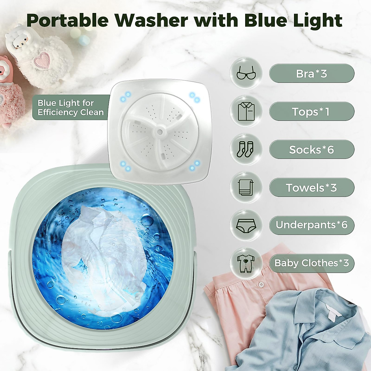 Portable Washing Machine, 6L Mini Washing Machine with 3 Modes Timing Cleaning, Portable Washer with Soft Spin and Draining for Socks, Baby Clothes, Towels and Small Items