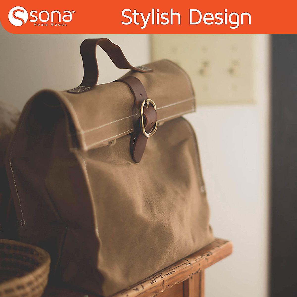 S SONA HOME GOODS Waxed canvas lunch bag, ecofriendly, reusable, brown, for women or men. The perfect large heavy duty lunch box for meal prep, work, or travel.