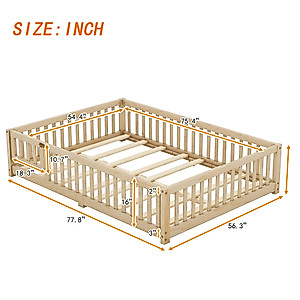CITYLIGHT Full Size Floor Bed with Rails, Wood Montessori Floor Bed Full with Support Slats, Kids Full Bed Frame with Door Design for Boys,Girls, Natural