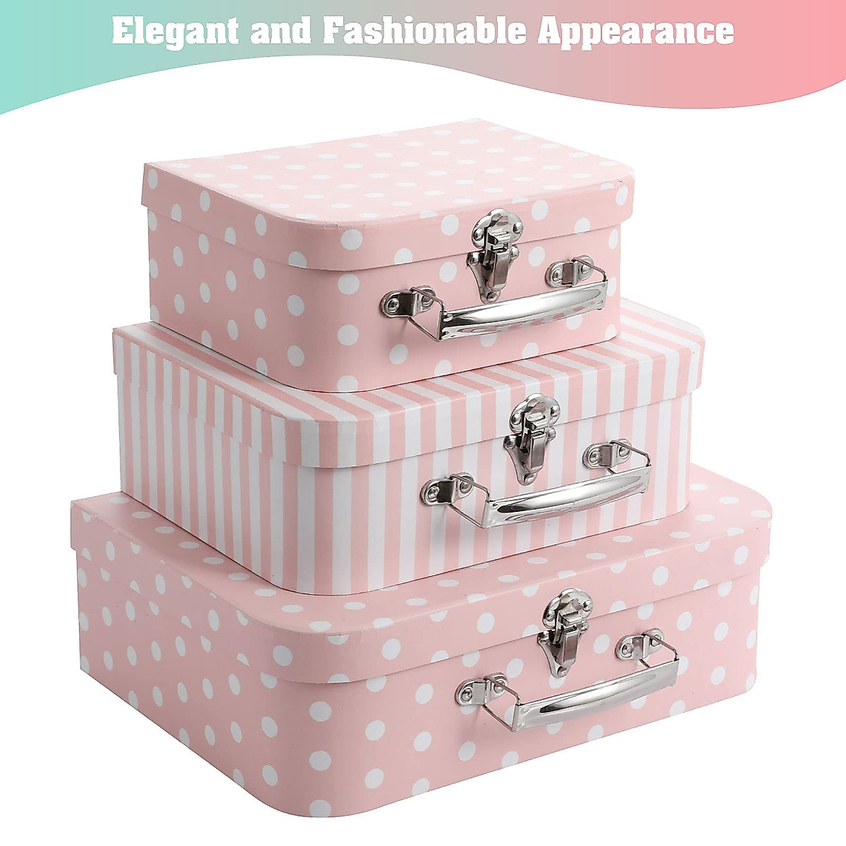 Anndason Set of 3 Paperboard Suitcases Storage Box Storage for Photo Storage Home Decoration, Wedding, Birthday, Anniversary and New Year Gift Decoration (3Pcs, Pink Dots and Stripes)
