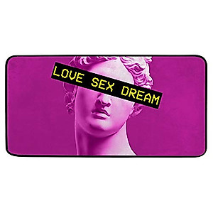 Kuizee Kitchen Rug Area Rug ﻿Plaster Head Sculpture Pink Retro Art Trendy Vaporwave Bathroom Hallway Entry Way Floor Non Slip Soft Water Absorbent 39×20 Inch