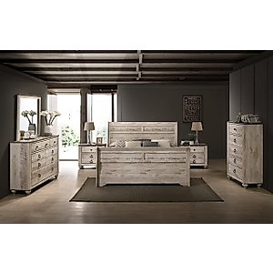 Roundhill Furniture Imerland Bed White-wash Finished 6-Piece Sleigh Headboard Bedroom Set, King