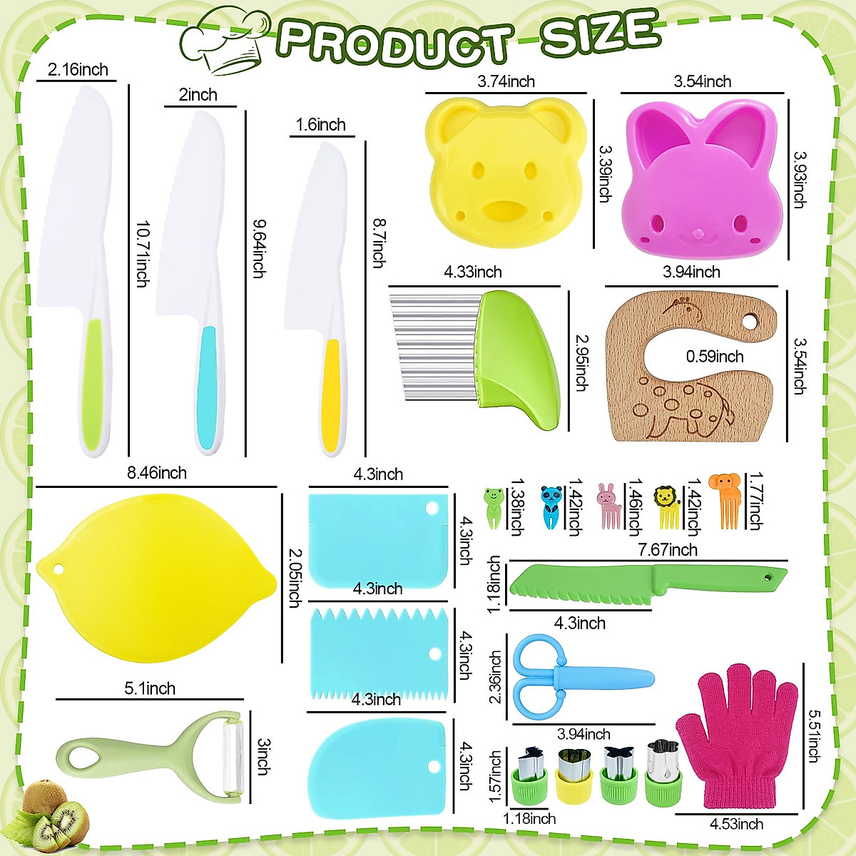 HIIXHC 30PCS Kids Wooden Kitchen Knife Set,Kids Knives For Real Cooking with Cutting Board - Includes Safe Knives, Serrated Plastic Knives,Potato Slicers, Sandwich Cutter, Peeler and Glove