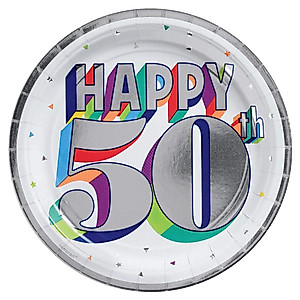 "Happy 50th" Metallic Round Birthday Plates 9", 8 Ct.