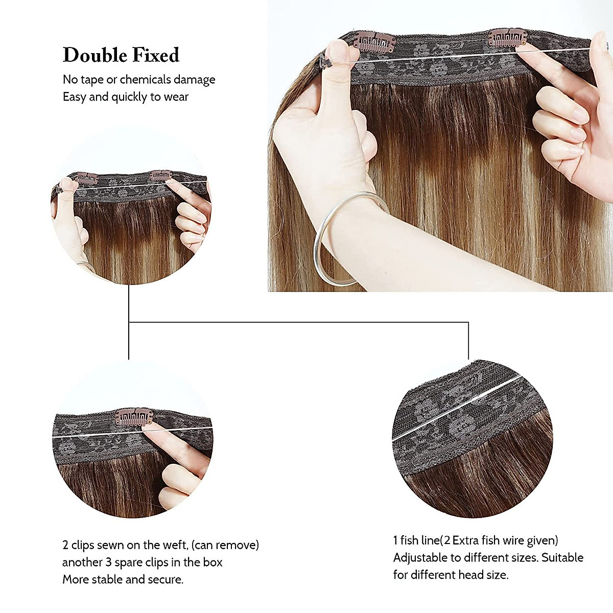 Tinashe Wire Hair Extensions Human Hair Invisible Clip in Hair Extensions Chocolate Brown to Ash Brown and Honey Blonde Secret Headband Wire in Hair Extensions Invisible Hair Wire 14Inch 80g