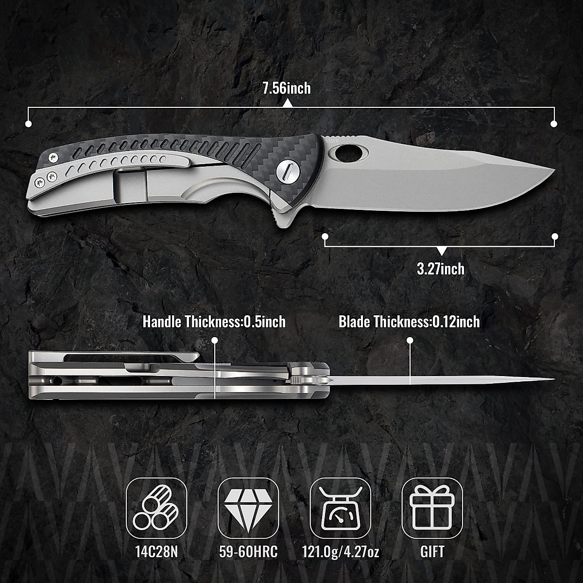 MOLSECT Soar Pocket Folding Knife, Frame Lock EDC Knives 3.27" S35VN Blade Titanium-Carbon Fiber Handle, Everyday Carry Knife for Outdoor Indoor Hiking Camping Fishing Hunting Work Men Women Gift