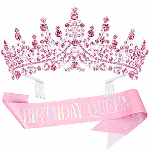 Bolonar Pink Crystal Birthday Crown for Women Birthday Queen Tiara with Combs Glitter Birthday Sash Happy Birthday Party Decorations Birthday Gifts