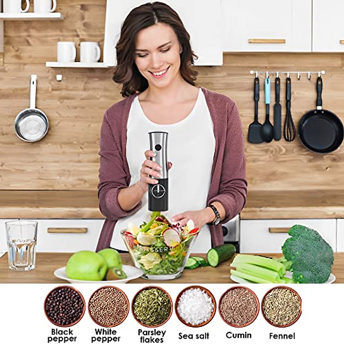 Electric Salt and Pepper Grinder Set, Adjustable Coarseness Automatic Pepper and Salt Mill Powered Refillable with Rechargeable Base, One Hand Automatic Operated Kitchen Gadgets, Stainless Steel