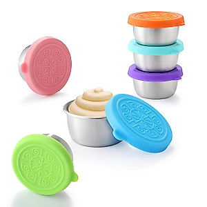 MONGSEW 6PCS Salad Dressing Container To Go, Small Condiment Containers with Leakproof Silicone Lids, Stainless Steel Condiment Containers for Lunch Bento Box, Work, School, Picnics (1.7oz each