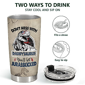 34HD Daddysaurus Tumbler with Lid, 20oz Stainless Steel Insulated Dinosaur Dad Mug, Funny Daddy Drinking Cup, Birthday Christmas Father Day Gifts for New Papa Bonus Dad Husband Grandpa
