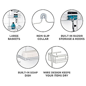 Zenna Home Hanging Shower Caddy, Over the Shower Head Bathroom Storage, Rustproof, No Drilling, Bath Organizer with 2 Shelves, Soap Tray, Razor Holders and Hooks, Satin Chrome