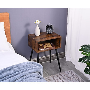 RokiaTek Nightstand Table with Open Storage Bedroom Bedside Table with Steel Legs, Mid-Century Modern Simpe End Side Table, Rustic Brown and Black