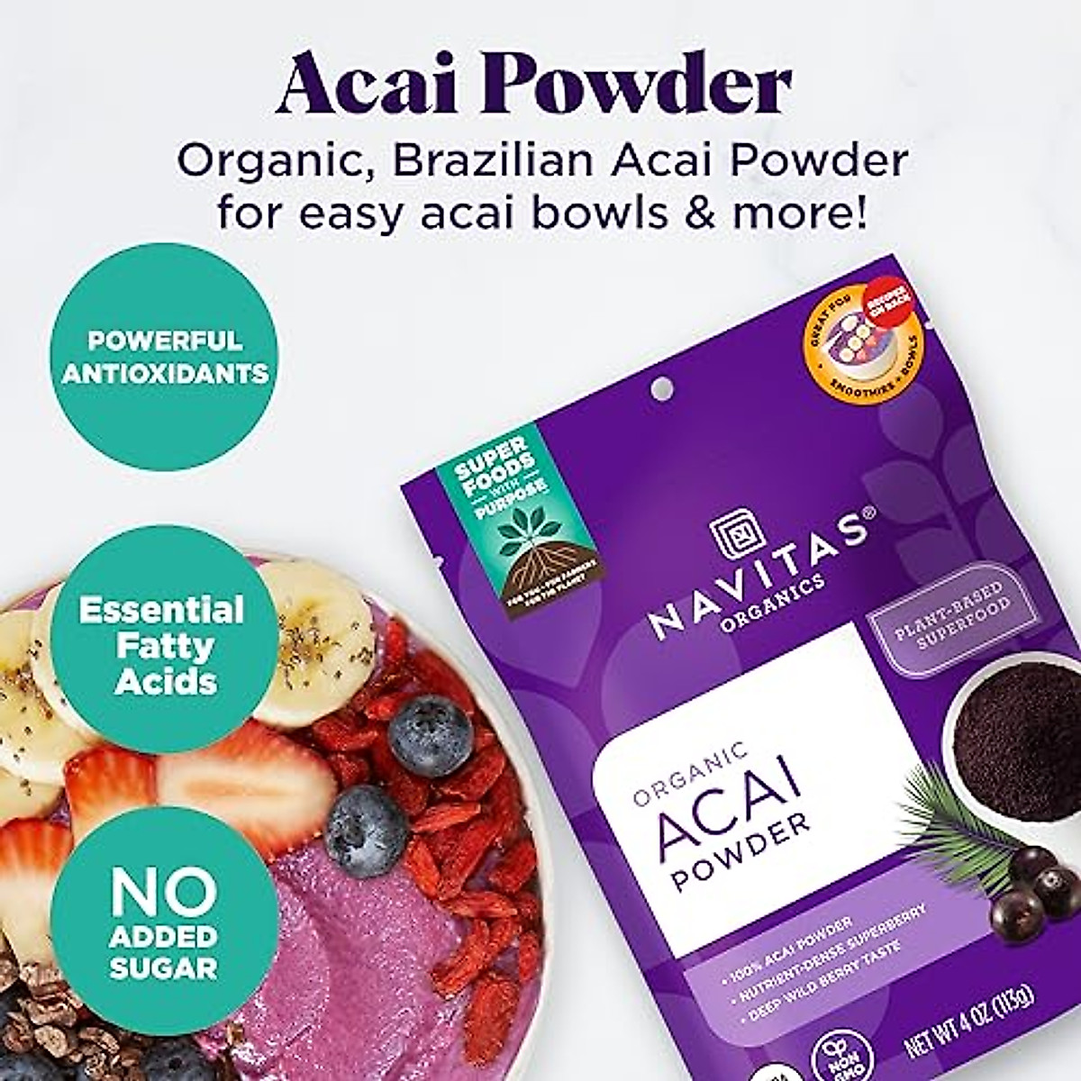 Navitas Organics Acai Powder, 8 oz Bag, 76 Servings — Organic, Non-GMO, Freeze-Dried, Gluten-Free