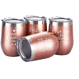 Christmas Stemless Wine Tumbler Set of 4, Funny Christmas Gifts for Women Wine Lovers Mom Sister Best Friends, Housewarming Gifts, Insulated Stainless Steel Wine Tumbler with lid(12oz, Rose Gold)