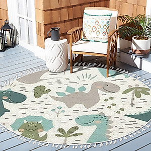 Round Rugs Dinosaur Baby boy Childish Sweet Dino with Palm and Cactus Boho Area Rug Linen and Cotton Carpet Meditation Rug Washable Hallway Runner Mat Accent Rug for Bedroom Bathroom 6ft
