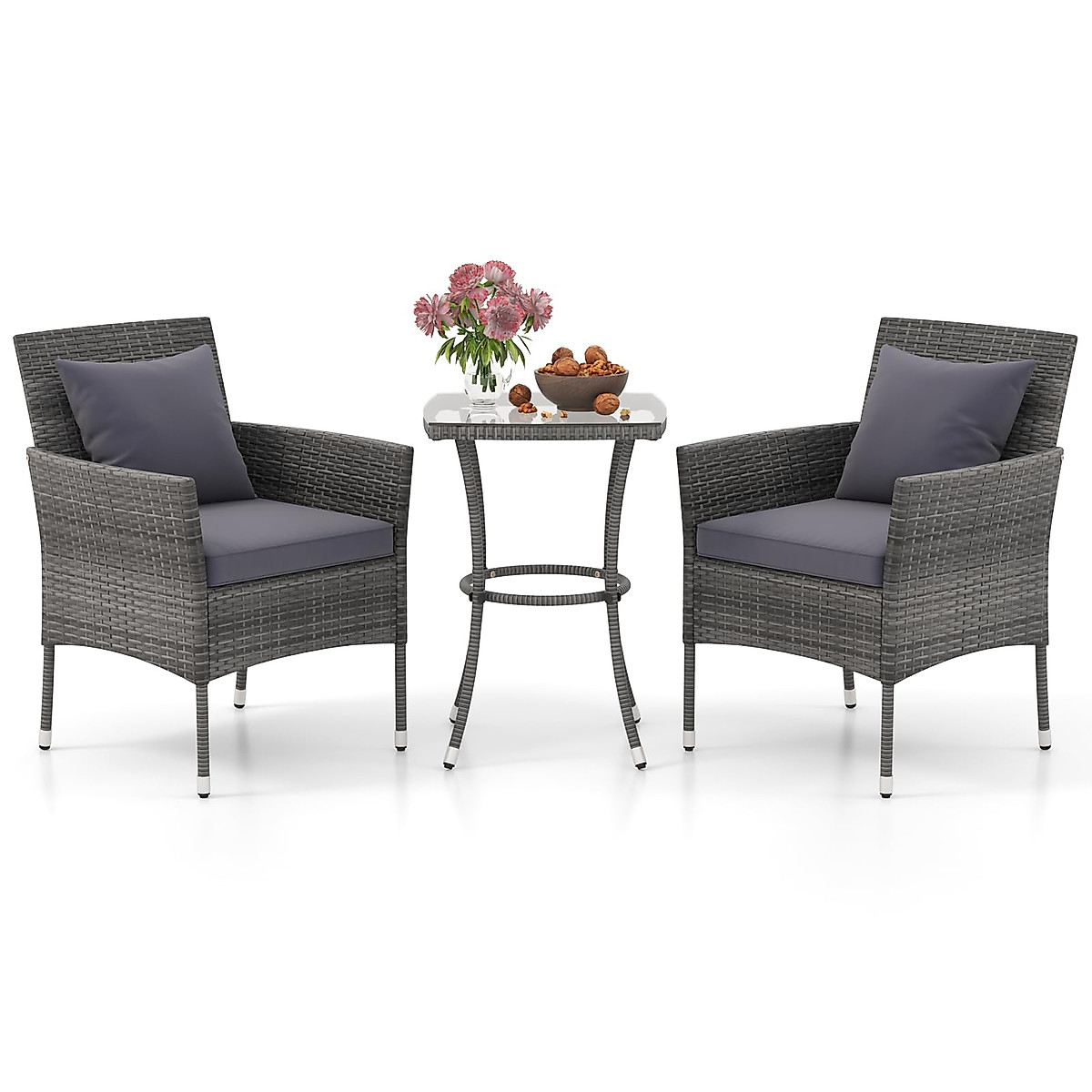 Tangkula 3-Piece Patio Furniture Set, PE Wicker Conversation Bistro Set w/A Tempered Glass Table & 2 Cushioned Chairs, Outdoor Table & Chairs Set for Patio Porch Yard Garden (Mix Gray+Grey)