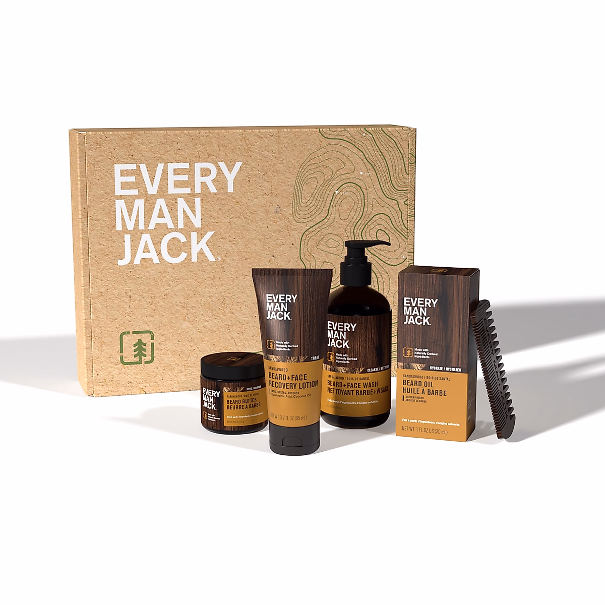 Every Man Jack Mens Sandalwood Grooming Set - Five Full-Sized Essentials: Wash, Lotion, Hydrating Oil, Butter, and Comb