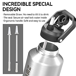 ZUWOZU 1 Gallon Water Bottle Insulated with Straw&Handle, 128 oz Water Jug with Carry Pouch, Double Walled Vaccum Stainless Steel, Wide Mouth, Leak Proof, Large Water Bottles for Sports