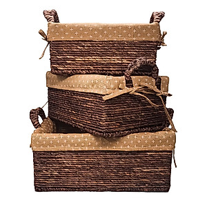 GIB Wicker Storage Baskets with Handles and Liners for Shelves, 15"x11" Large Decorative Rectangular Natural Woven Storage Baskets for Organizing, Brown Farmhouse Baskets for Home Decor, Set of 3