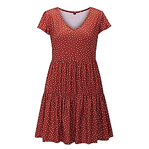 ULTRANICE Summer Sun Dresses for Women 2023 Casual Trendy V Neck Polka Dot Ruffle Mini Dress(Red,S)