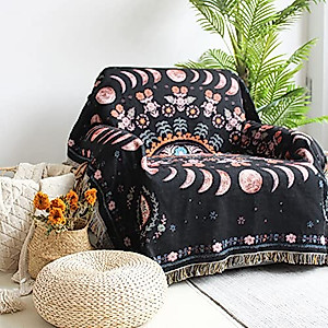 tiowik Mandala Flower Throw Woven Blanket with Tassel for Home Decoration Chair Couch Sofa Bed Beach Travel Picnic Cloth Tapestry Shawl Cozy Cotton (Black 63×51 Inches)
