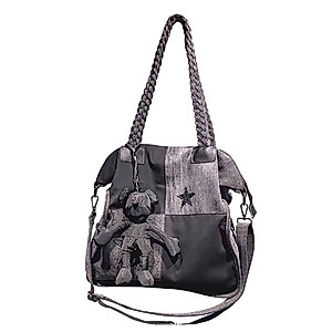 Large capacity women's canvas bag Women's shoulder bag Simple retro messenger bag with cute accessories (Mesh cloth)