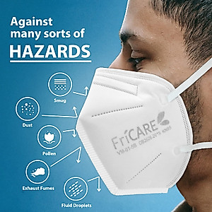FriCARE KN95 Disposable Face Masks with Headband, 5 Layers Cup Dust Mask with Individual Wrap Against PM2.5 from Fire Smoke, Dust, for Men, Women, Essential Workers, White (12 Pack)