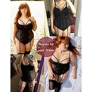 Avidlove Women Lingerie with Garter Belt Lace Teddy Bodysuit Gartered One Piece Babydoll Black, XXL