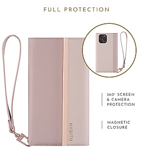HABITU [Folio Collection 2022 Eris Tri-Fold Pink Wallet Case for iPhone 12 Pro Max, Detachable Vegan Leather Magnetic Folio with Card Pockets, Mirror & Strap for Women, for Women