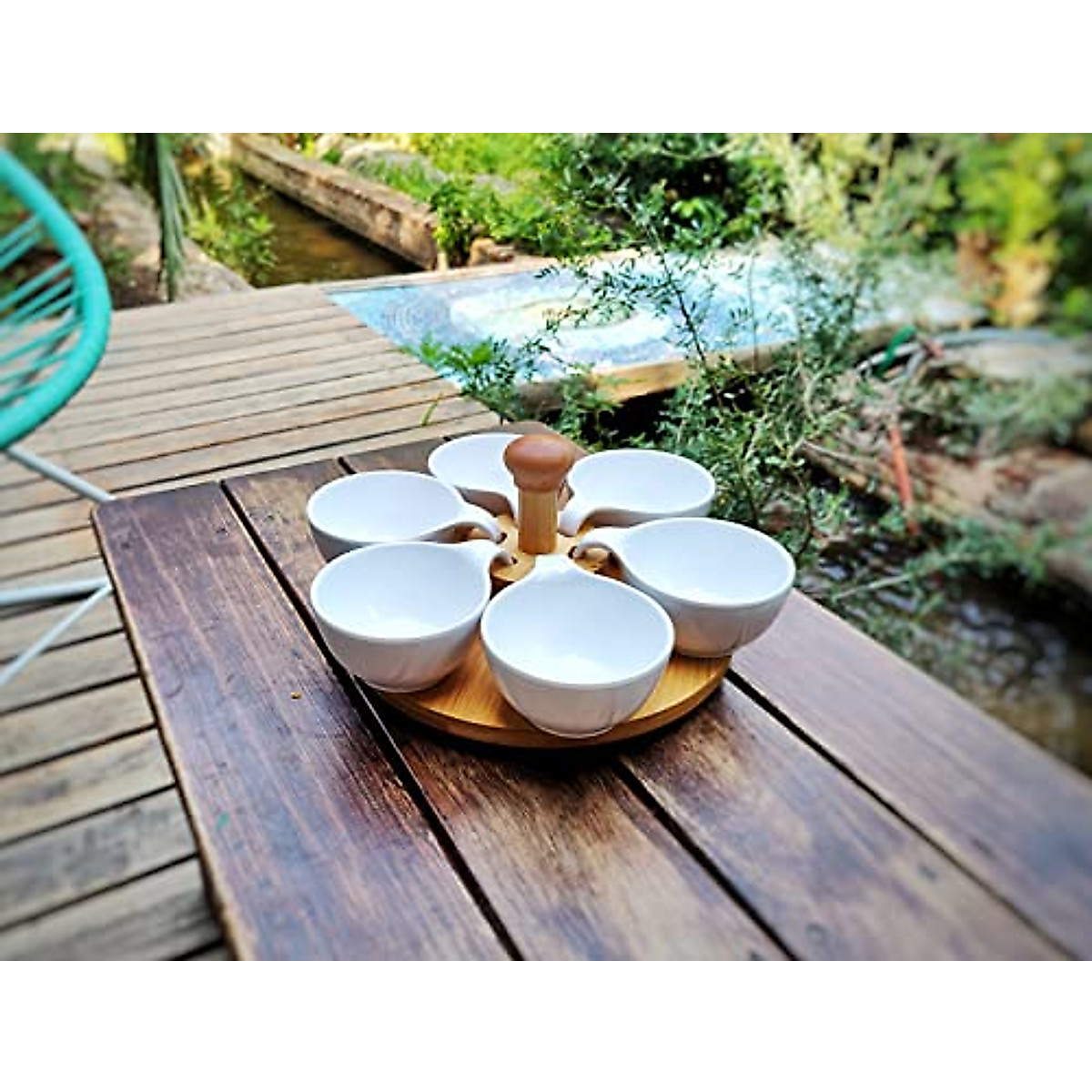 VALLENWOOD 6 Melamine Appetizer Serving Bowls with Bambo turning Tray. Reusable Non Disposable plates. Partys. Kawaii, Veggie, Cute. Sectioned Platter. Vegetables. Chip And Dip, Entertaining