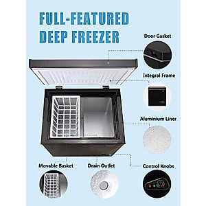 Krib Bling 5.0 Cu.Ft Chest Freezer with 7 Gears Temperature Control(-16°F to -48°F), Deep Compact Freezer with a Removable Basket, for House, Kitchen, Garage, Basement, Shop, Black