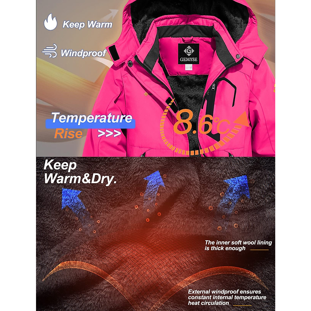 GEMYSE Girl's Waterproof Ski Snow Jacket Fleece Windproof Winter Jacket with Hood (Watermelon Red,6/7)