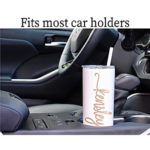 20 oz Stainless Steel Skinny Tumbler with Personalized Swirl Name Decal in Opal or Chrome Vinyl by Avito - Includes Straw and Lid - Bridesmaid, Bachelorette, Bridal Party Gifts, Mother's Day Gift