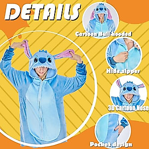 Adult Onesie Pajamas Unisex One Piece Outfits For Women Men Cosplay Halloween Sleepwear (Blue, Large)